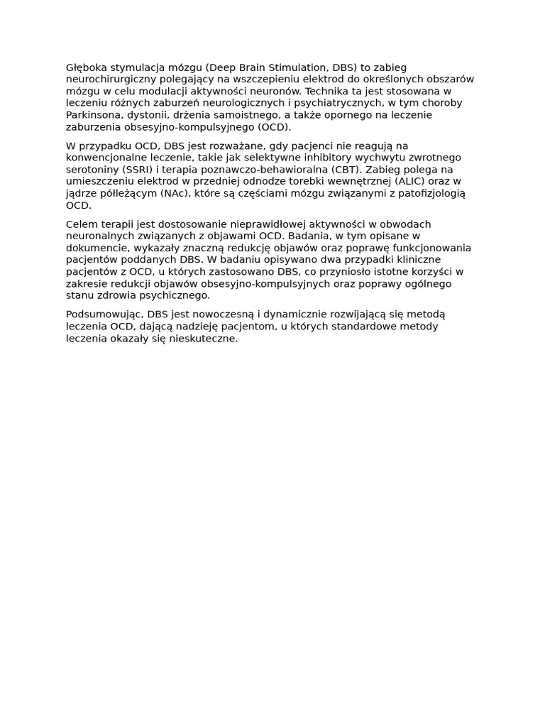Głęboka Stymulacja Mózgu - Deep Brain Stimulation - DBS) | PDF