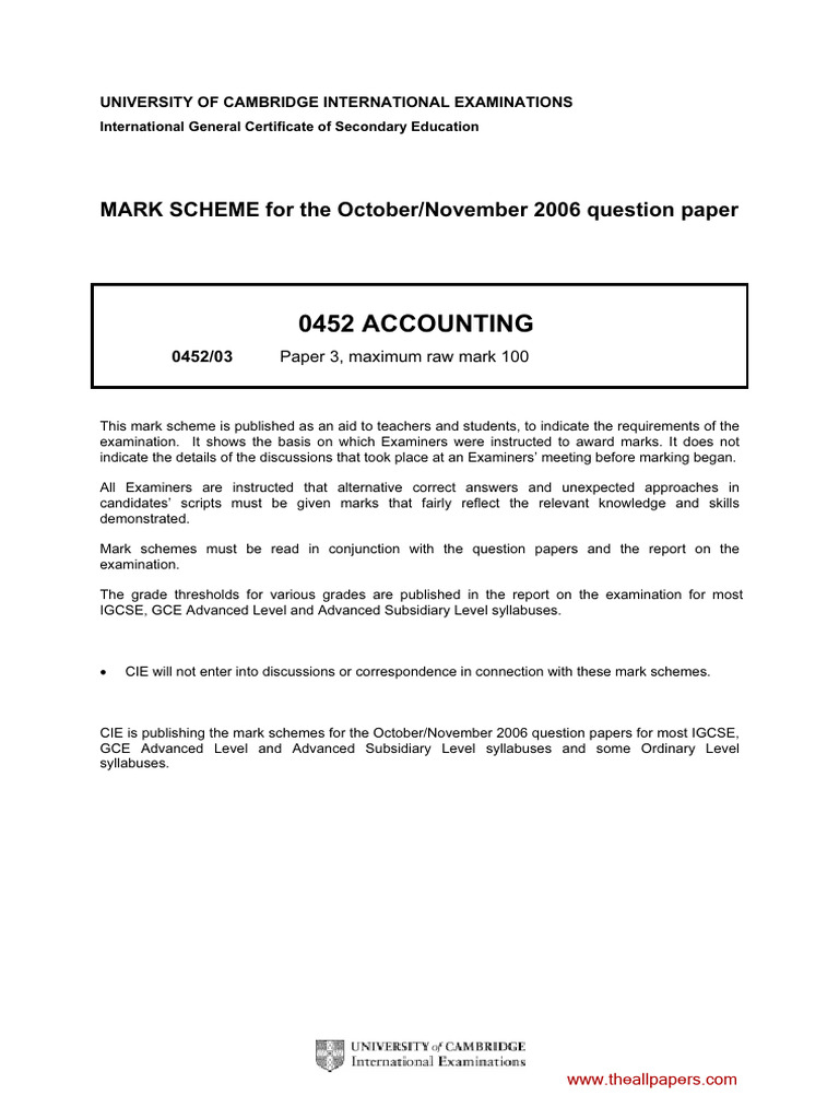 0452 Accounting: MARK SCHEME For The October/November 2006 Question ...