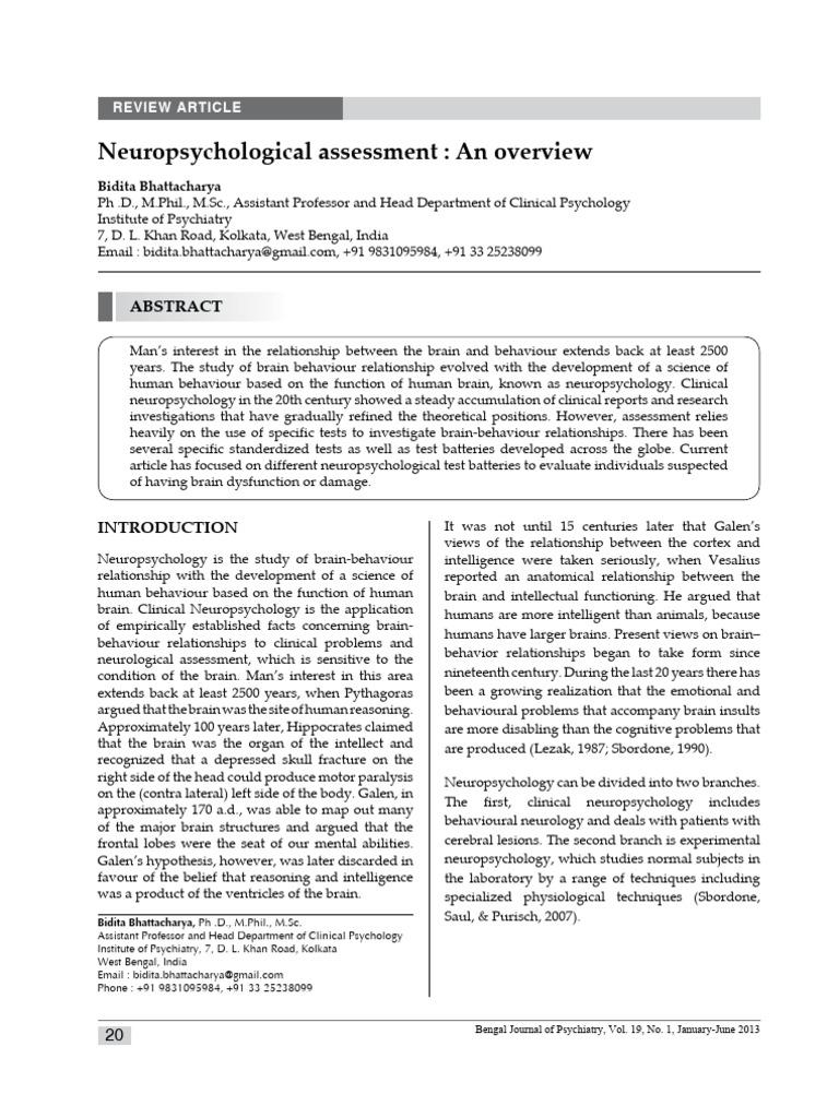 Neuropsychological Assessment An Overvie | PDF | Neuropsychology ...