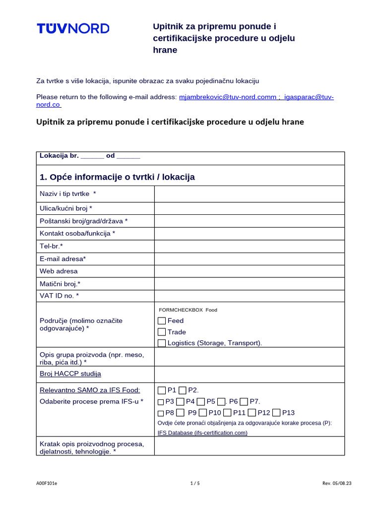 A00F101e Upitnik Za Pripremu Ponude I Certifikacijske Procedure Za Food Sektor Rev 5 0 23 | PDF
