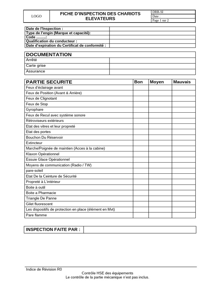 Fiche d'Inspection Chariot Élévateur | PDF | Véhicules | Véhicule motorisé