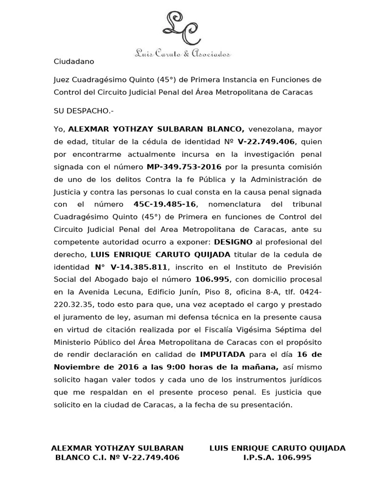 Aceptación de Defensa Alexmar Sulbaran MP-349.753-2016 | PDF | Política ...