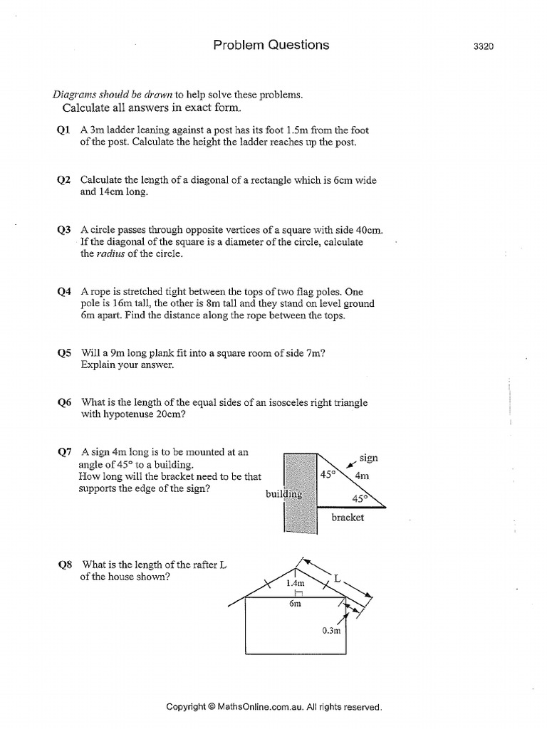 Year 8 - Worksheet Word Problems (Answers in Exact Forms) | PDF