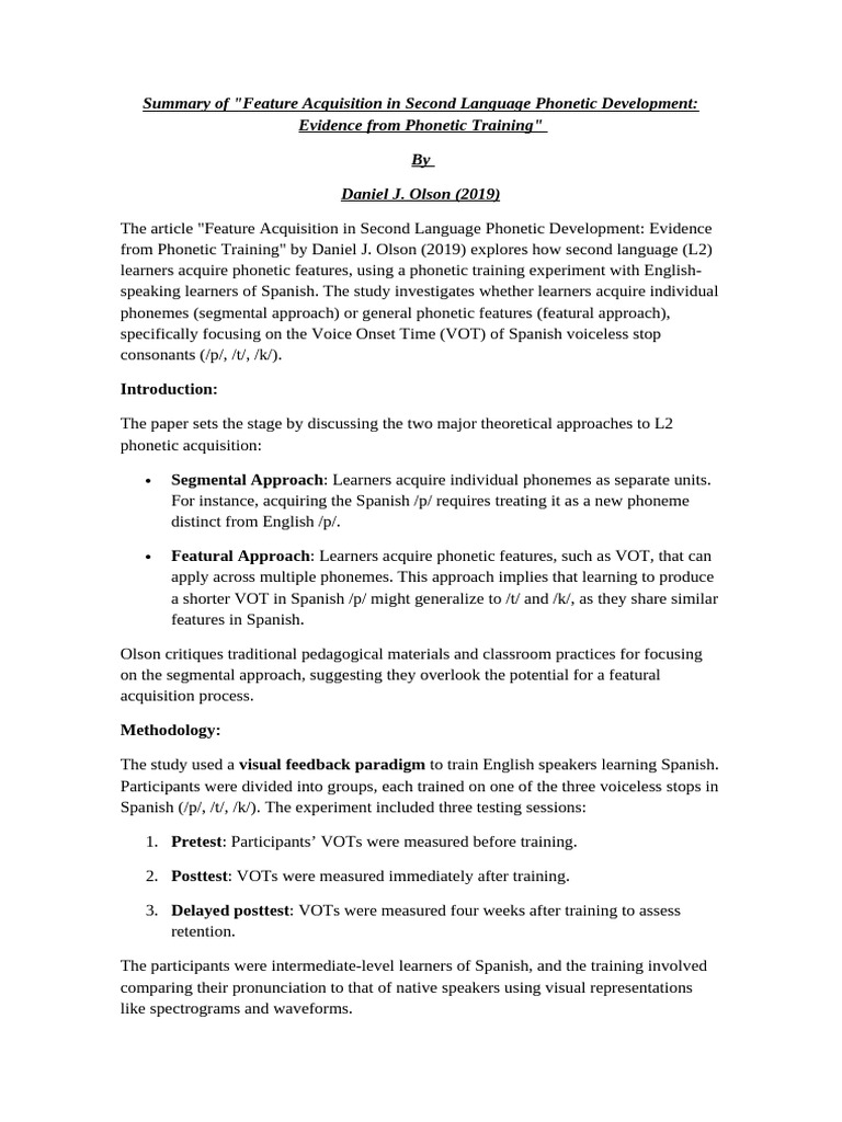 Summary of Feature Acquisition in Second Language Phonetic Development ...