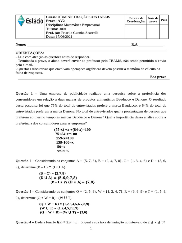 PROVA AV2 - Matemática Empresarial | PDF
