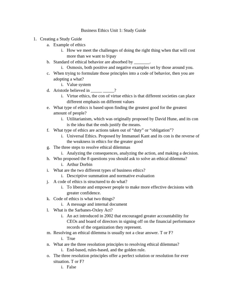 Business Ethics Unit 1 Study Guide | PDF | Morality | Applied Philosophy