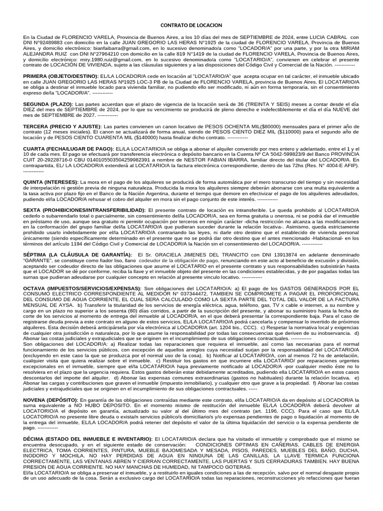 Contrato Locacion Miriam | PDF | Daños y perjuicios | Derecho privado