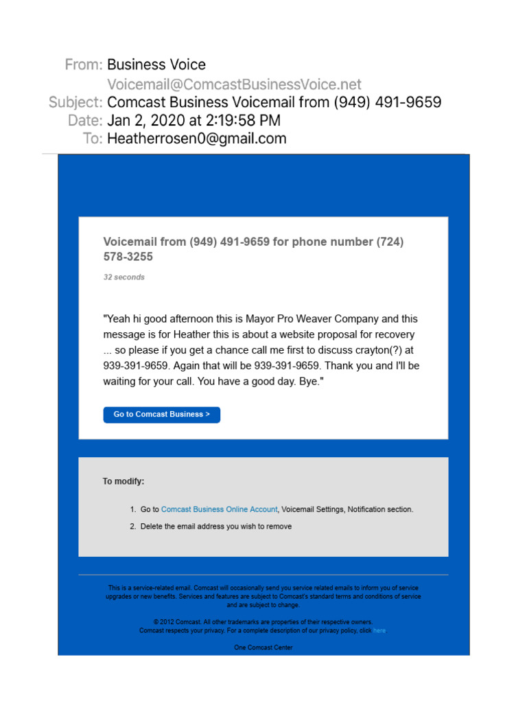 Comcast Business Voicemail From (949) 491-9659 | PDF | Computers ...