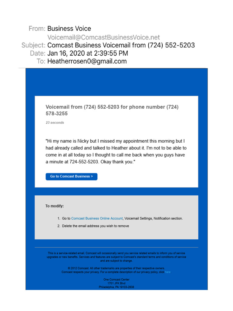 Comcast Business Voicemail From (724) 552-5203 | PDF