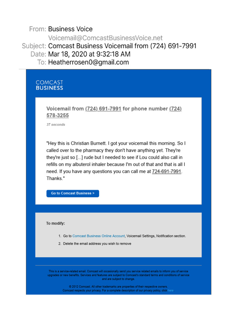 Comcast Business Voicemail From (724) 691-7991 | PDF