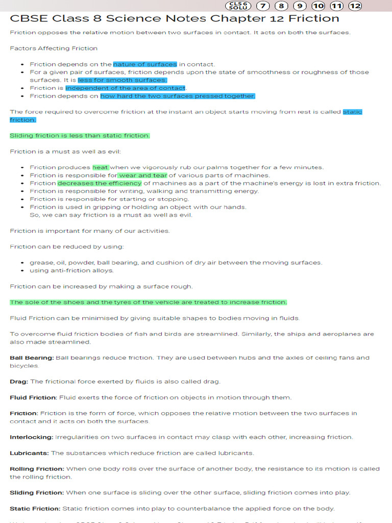 Friction Class 8 Notes Science Chapter 12 Learn CBSE | PDF
