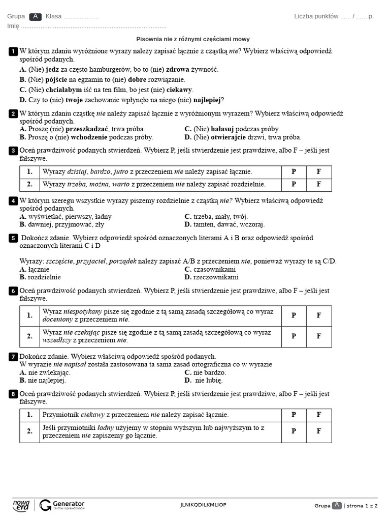 Pisownia Nie Z Różnymi Częściami Mowy Test (Bez Widocznej Punktacji) | PDF