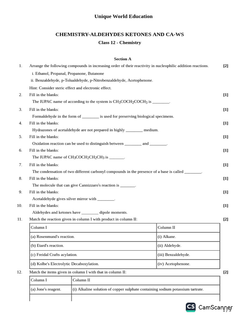 CHEMISTRY -WORKSHEET-ALDEHYDES, KETONES & CA | PDF | Aldehyde | Ketone