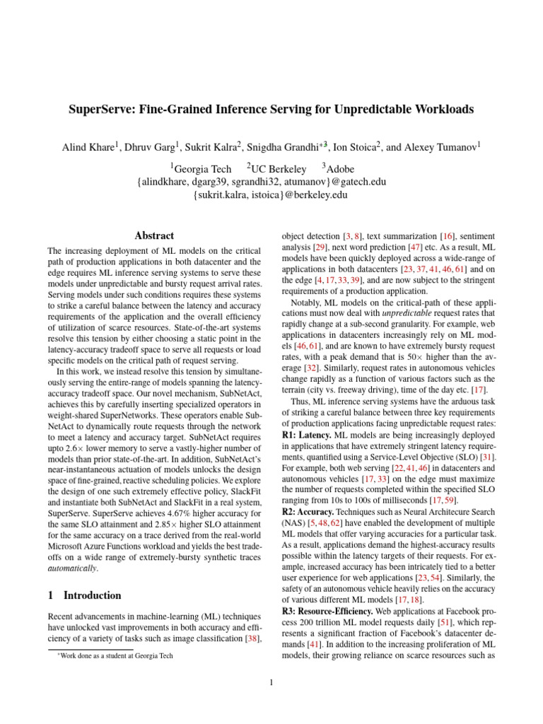 Superserve: Fine-Grained Inference Serving For Unpredictable Workloads ...
