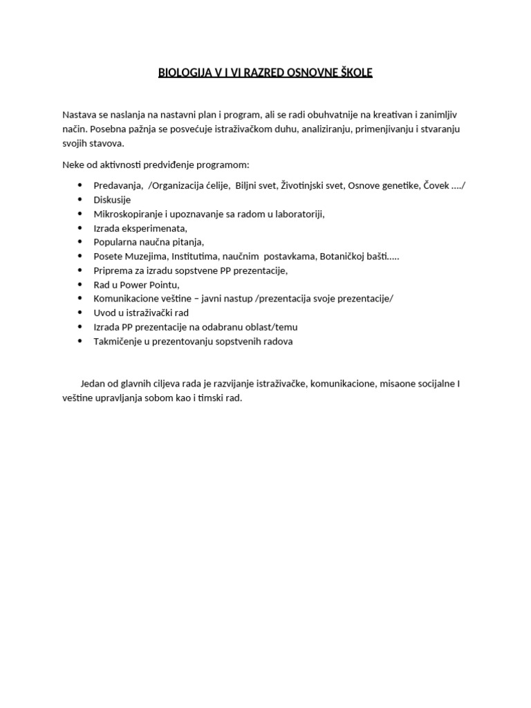 Biologija V I Vi Razred Osnovne Skole Program | PDF