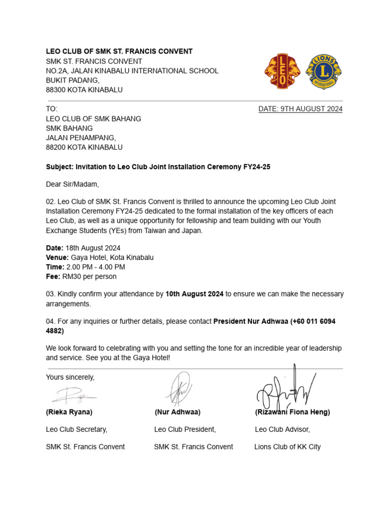Invitation To Leo Club Joint Installation Ceremony Fy24-25 | PDF