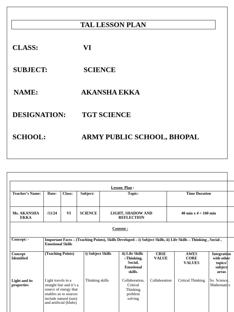 Light, Shadow, and Reflection Lesson Plan | PDF | Reflection (Physics) | Learning