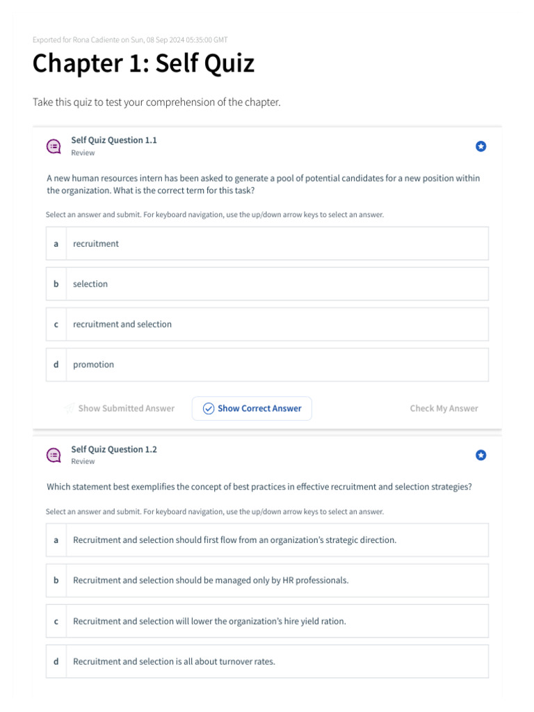 Chapter 1 - Self Quiz Recruitment and Selection | PDF | Recruitment | Organizational Behavior