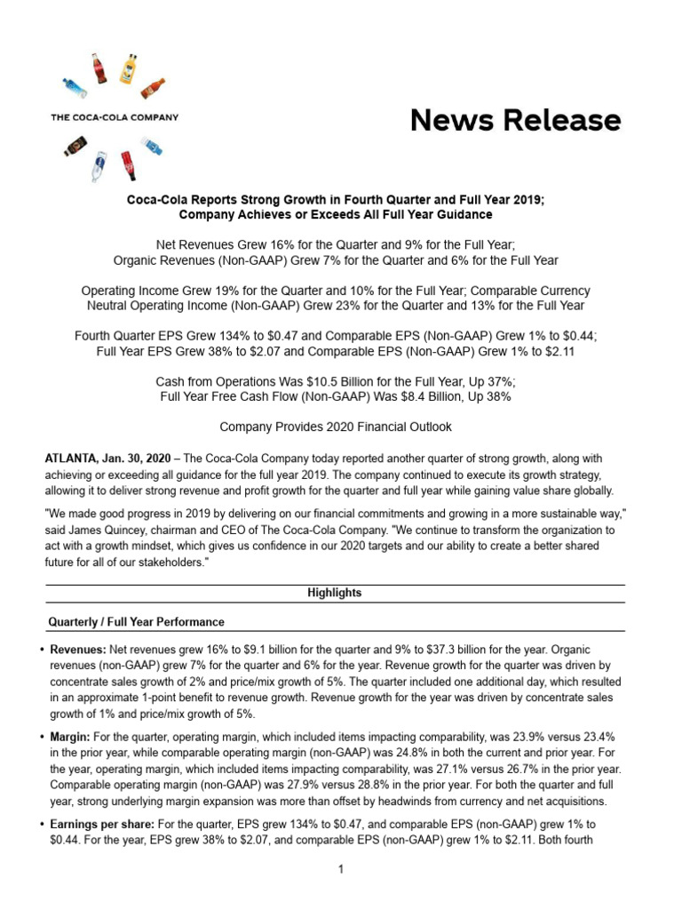 Coca-Cola Q4 2019 Financial Highlights | PDF | Equity (Finance) | Investing