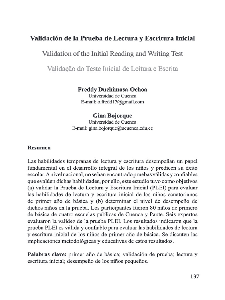 Vista de Validación de La Prueba de Lectura y Escritura Inicial | PDF