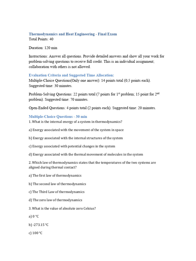 Thermodynamics Final Exam Sample | PDF | Heat | Entropy