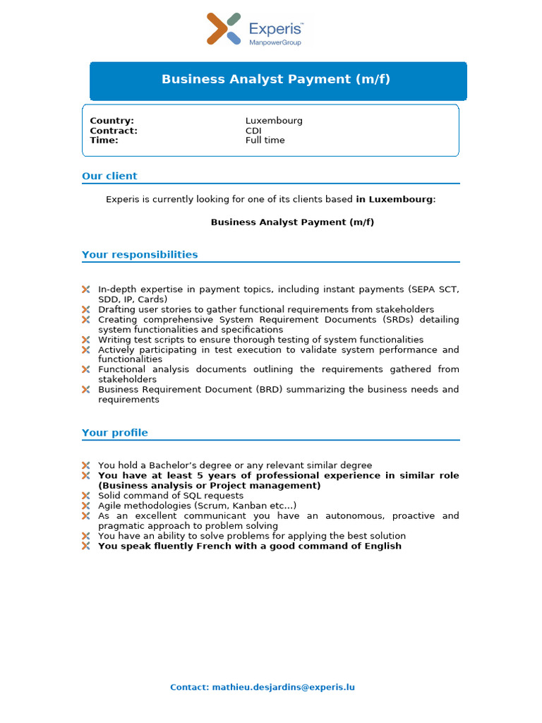 Business Analyst Payment - JD - Experis-1 | PDF | Business | Computers