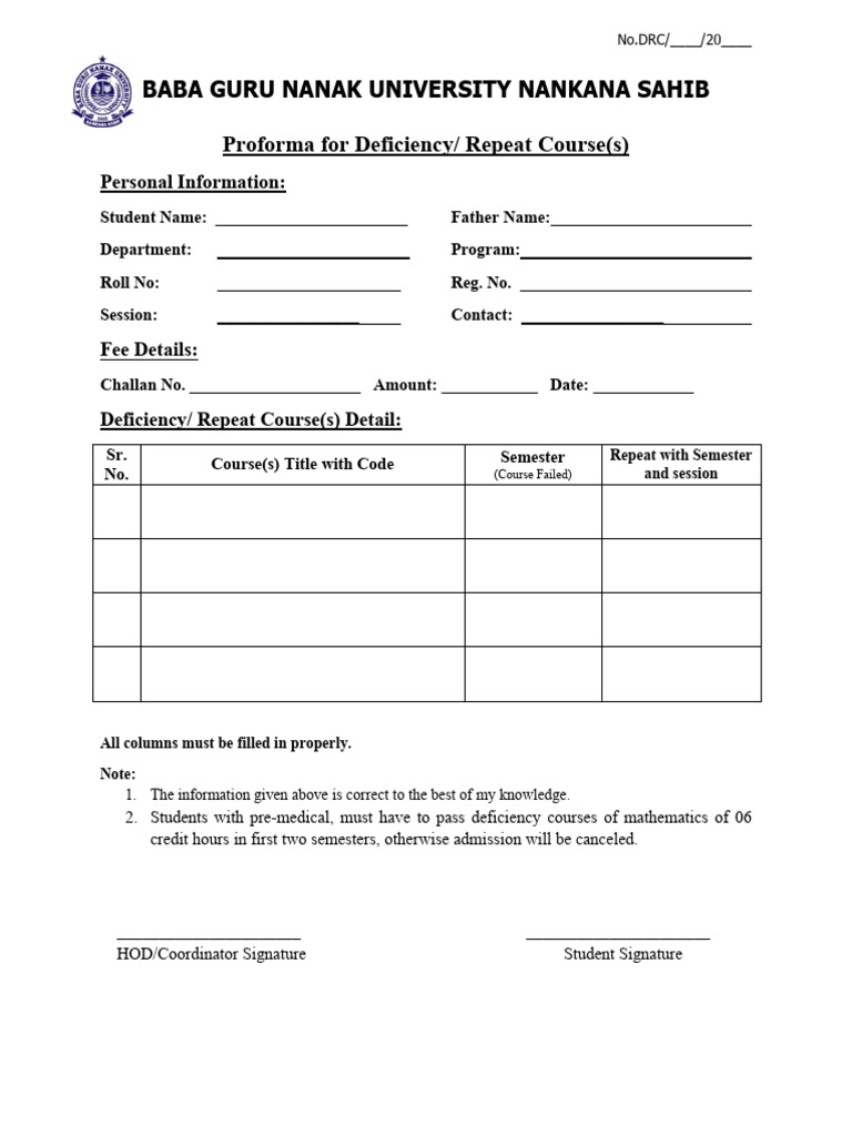 Proforma For Deficiency Repeat Course(s) | PDF | Career & Growth | Business