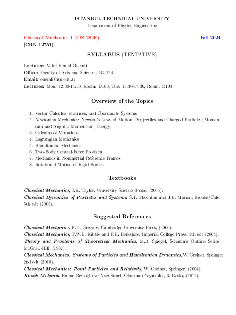 284E Fall24 Syllabus | PDF | Classical Mechanics | Mechanics