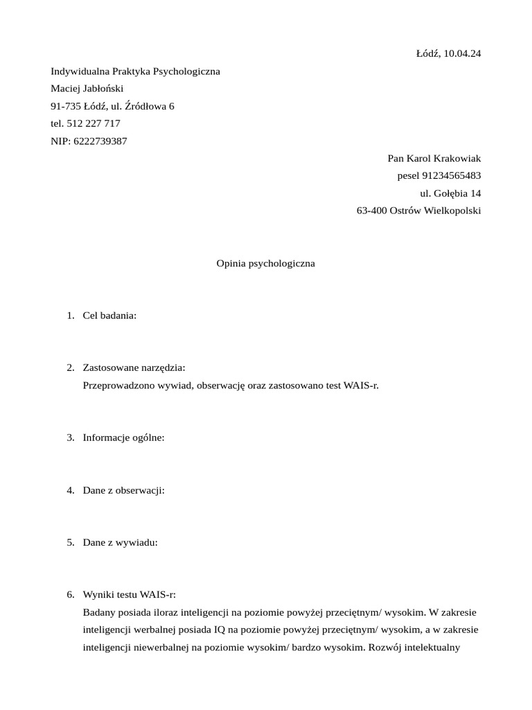 Opinia Psychologiczna - Przykład | PDF