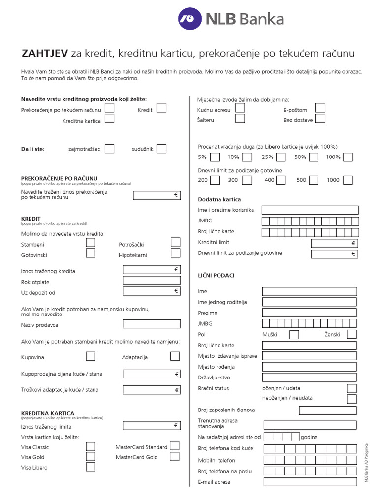 Za Kredit, Kreditnu Karticu, Prekoračenje Po Tekućem Računu: Zahtjev | PDF