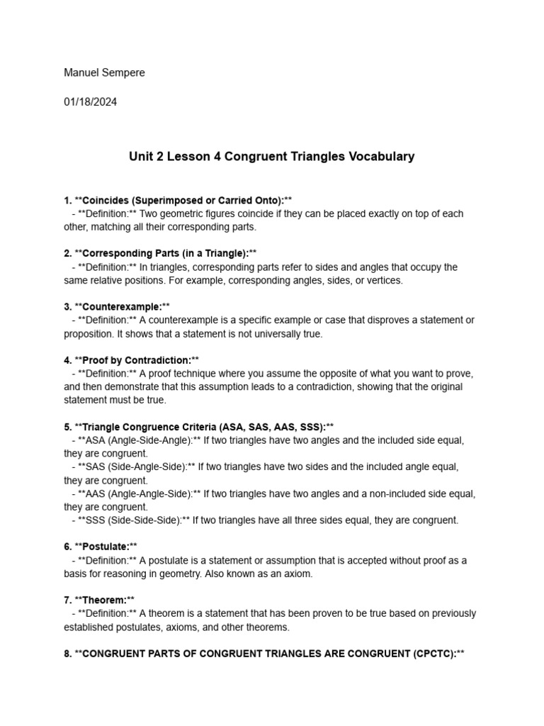 Unit 2 Lesson 4 Congruent Triangles Vocabulary | PDF