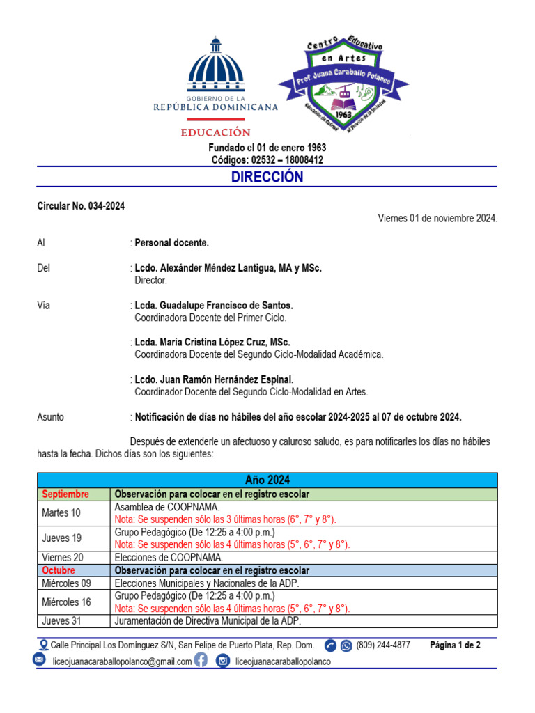 Circular 034-2024-Notificación de Días No Hábiles Del Año Escolar 2024 ...
