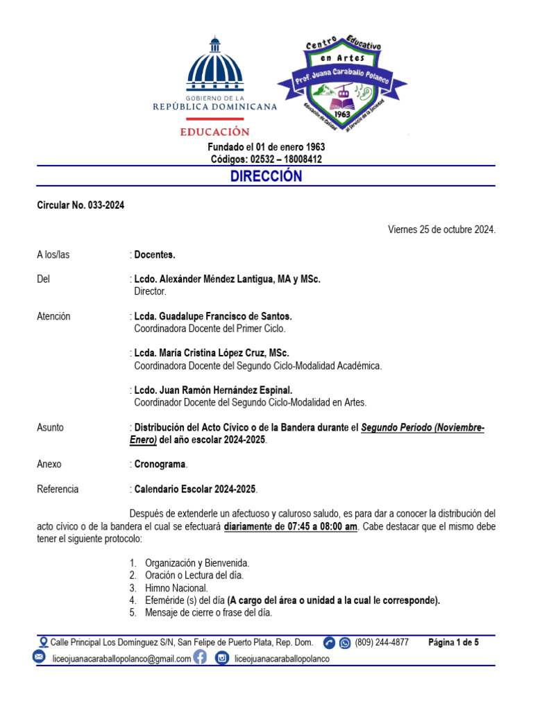 Circular 033-2024-Distribución Del Acto Cívico o de La Bandera-2do Período (Noviembre-Enero ...