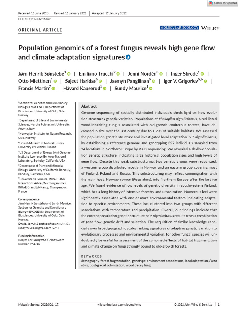Molecular Ecology - 2022 - S Nsteb - Population Genomics of A Forest Fungus Reveals High Gene ...