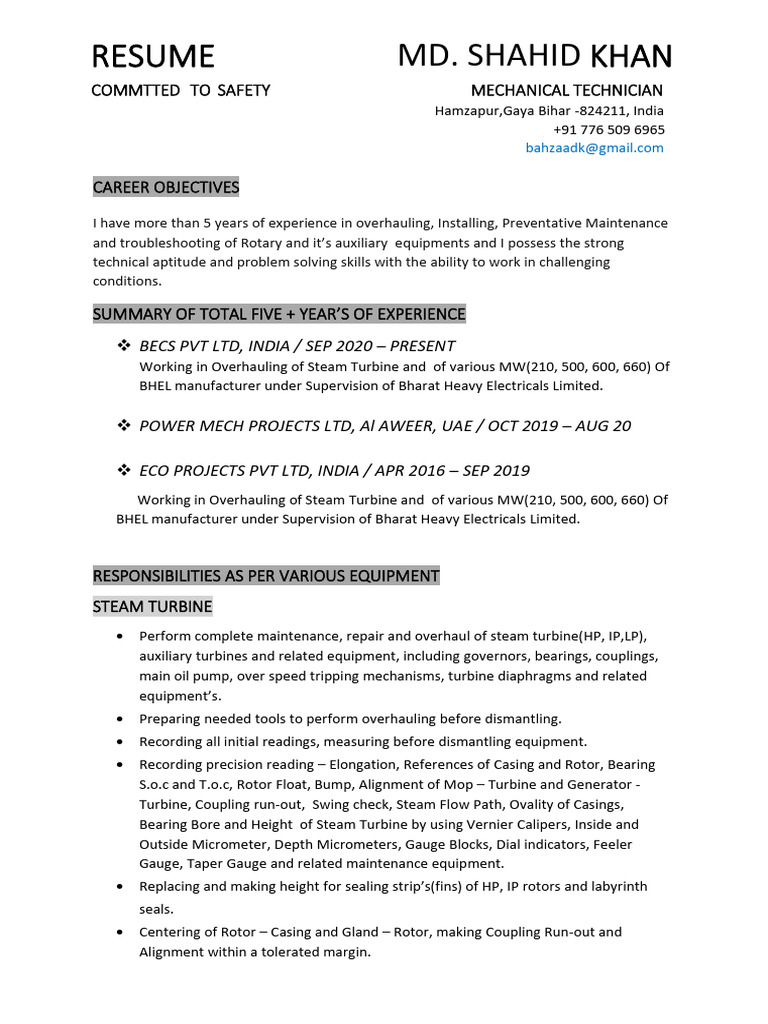 Mechanical Technician Resume | PDF | Pump | Bearing (Mechanical)