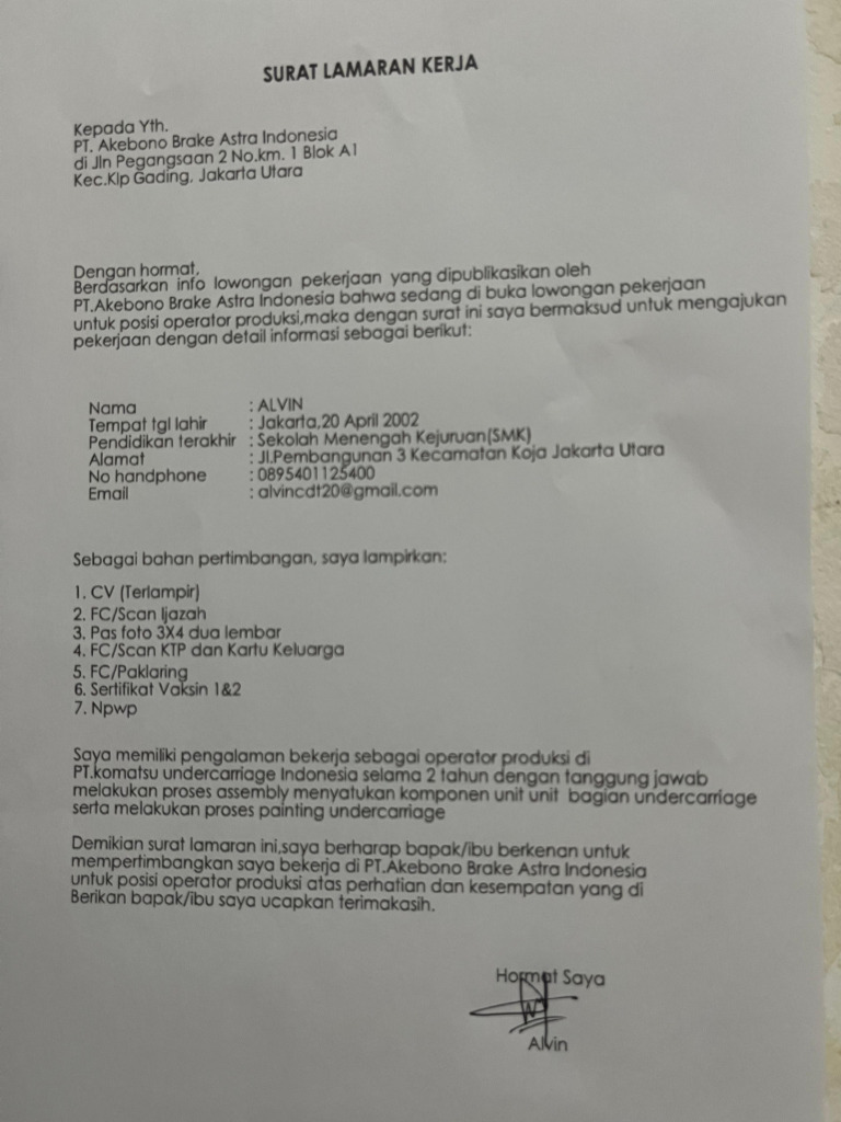 Berkas Lamaran Kerja Alvin 998 | PDF