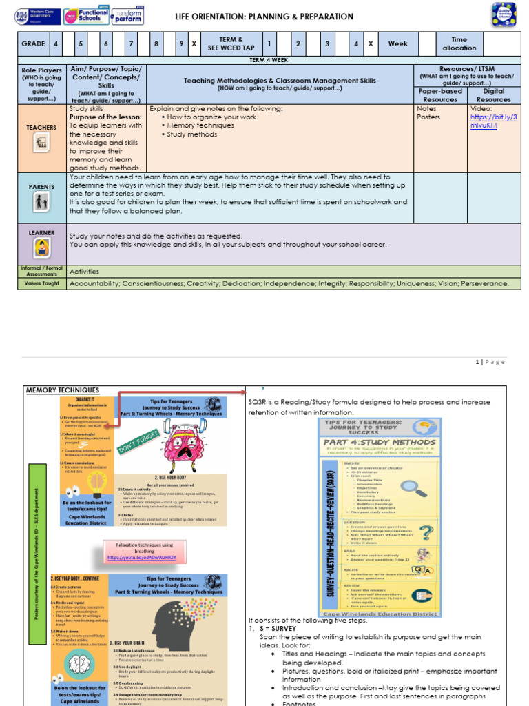 Lesson Plan Gr. 9 Life Orientation Term 4 Week 1 | PDF | Learning ...