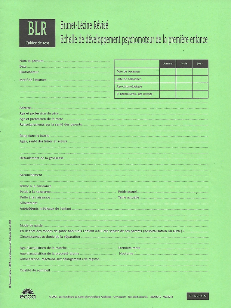 Brunet Lézine R - Cahier passation | PDF