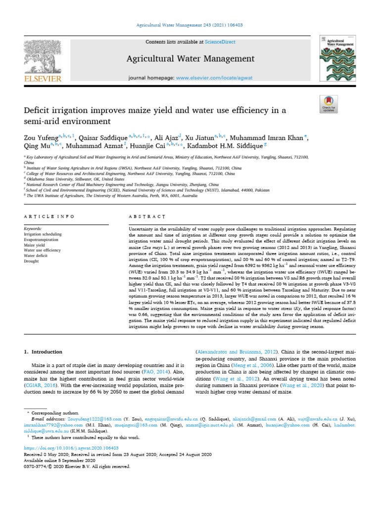 Deficit Irrigation Improves Maize Yield and Water Use Efficiency in A ...