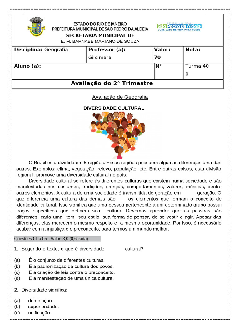 AV2 - 2tri - 4º Ano - Geografia | PDF | Diversidade cultural | Geografia