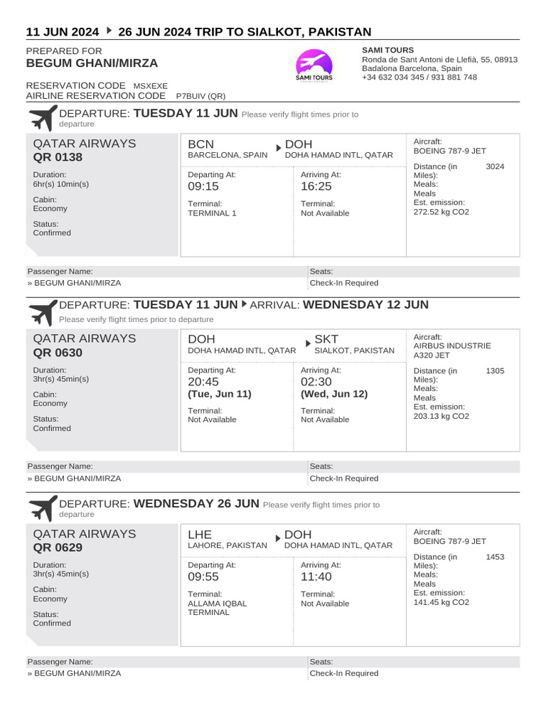 Travel Reservation June 11 For MIRZA BEGUM GHANI | PDF | Jet Aircraft ...