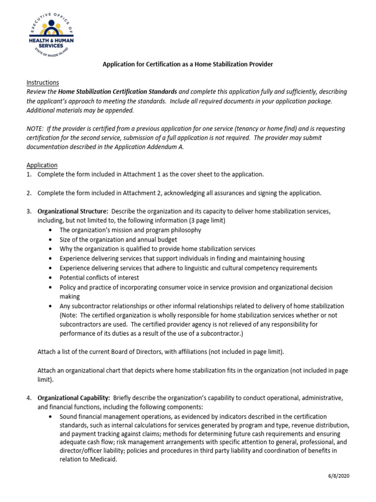 Home Stabilization Provider Certification Application | PDF ...