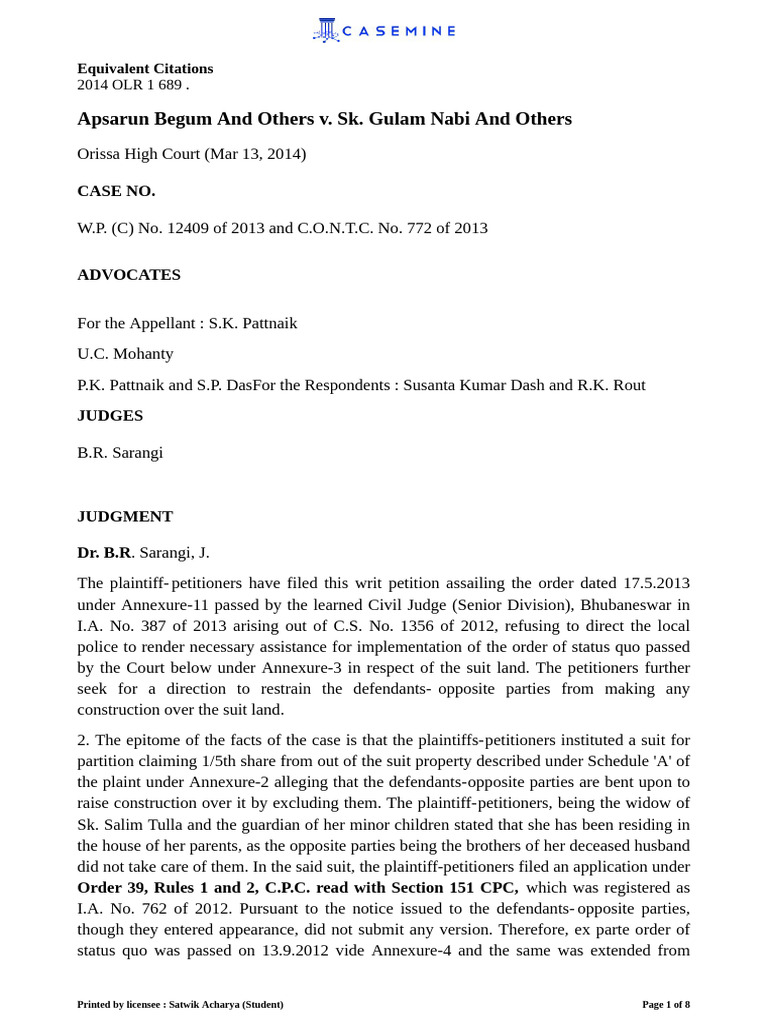 CASEMINE - Apsarun Begum and Others v. Sk. Gulam Nabi and Others | PDF | Lawsuit | Ex Parte