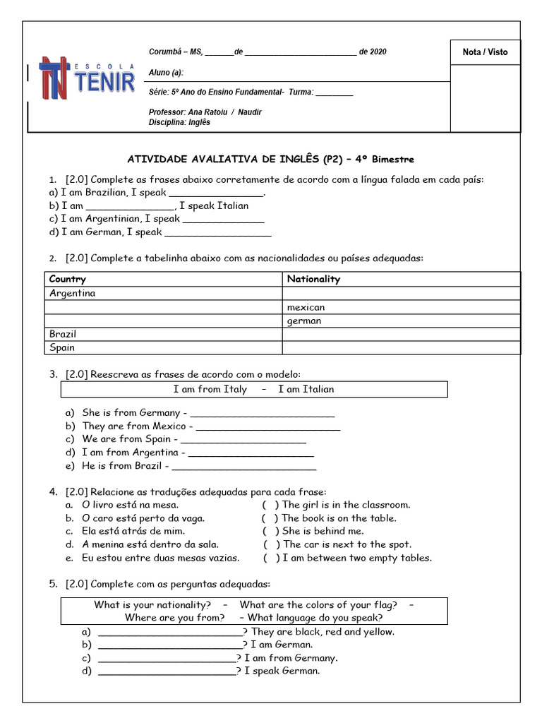 INGLÊS - 5º Ano - P2 4º Bim. | PDF | Foreign Language Studies | Teaching Methods & Materials