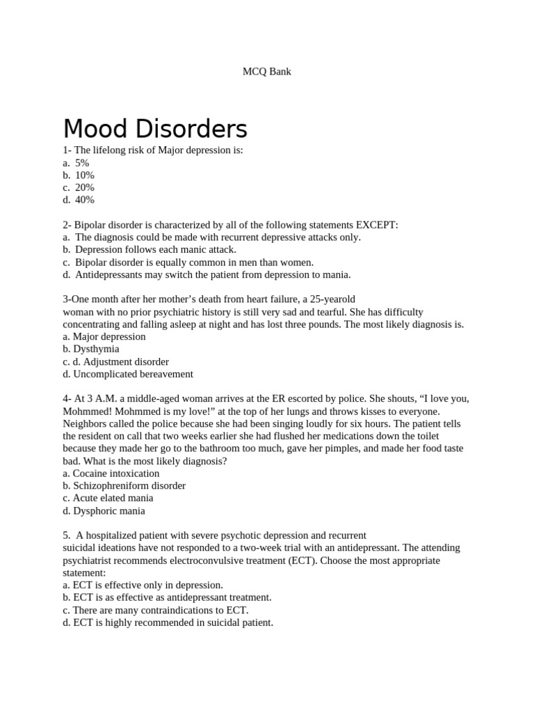Mood Disorders MCQ Bank | PDF | Major Depressive Disorder | Mood Disorders