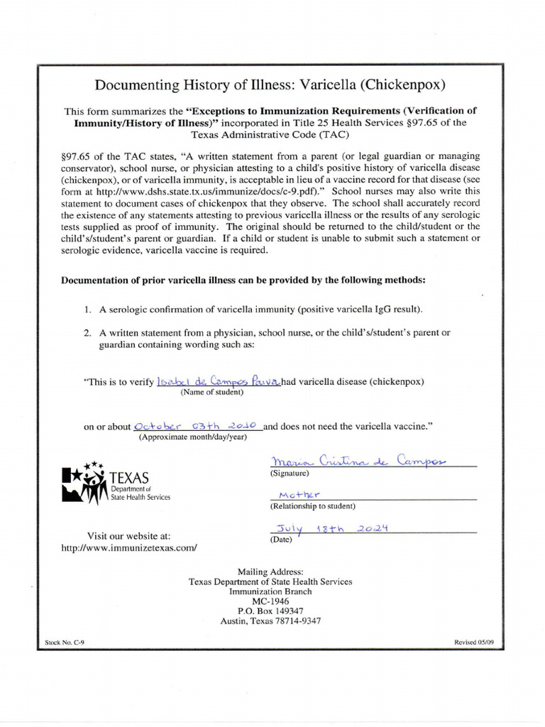 Varicella Form | PDF