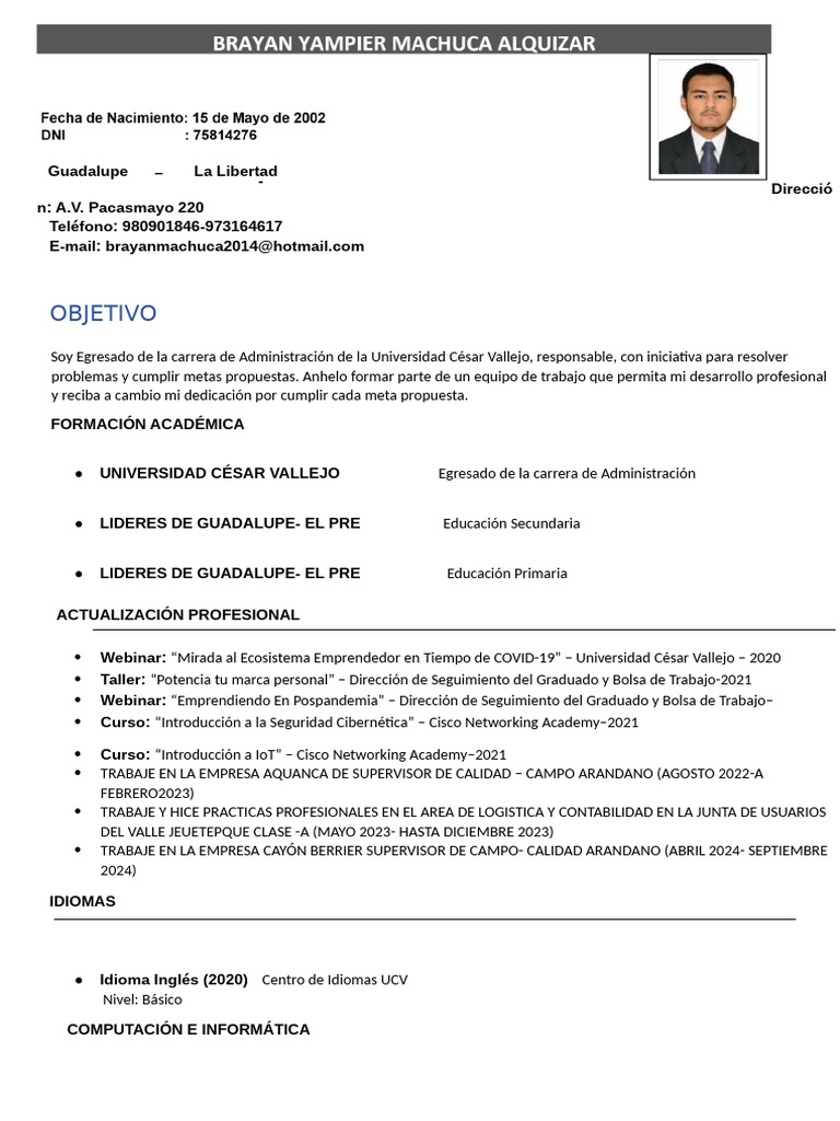 Machuca Alquizar Brayan Yampier CV | PDF