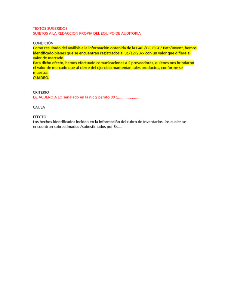 Textos Sugeridos Sujetos A La Redaccion Propia Del Equipo de Auditoria ...