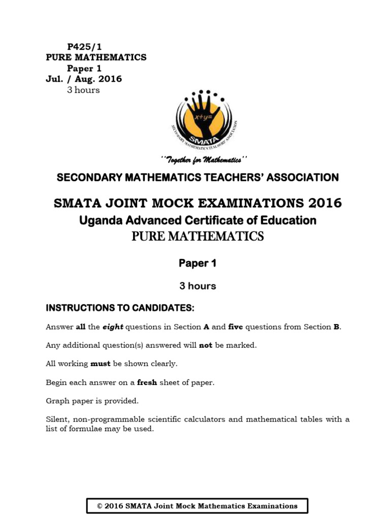 Smata Joint Mock s.6 Pure Maths 1 | PDF | Mathematics | Trigonometric ...