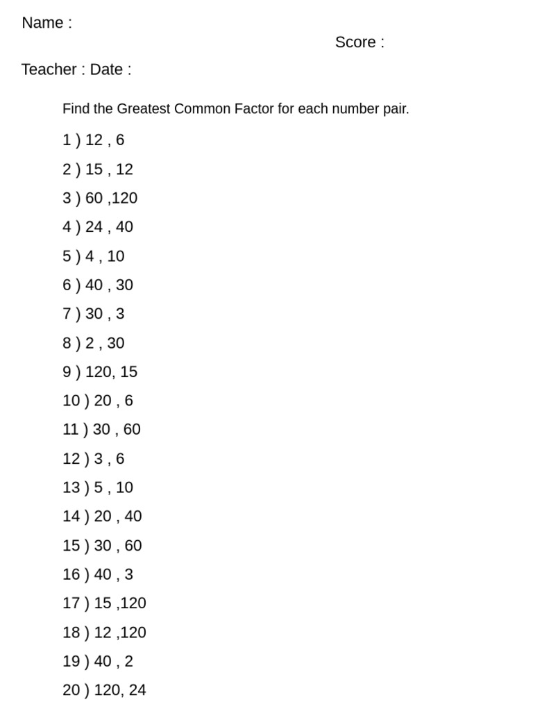 Greatest - Common - Factor Worksheet 3 | PDF